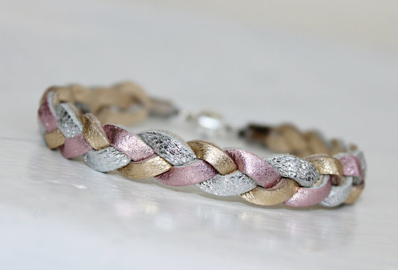 Tri-color Braided Leather Bracelet / Metallic Pink ,gold, Silver on Luulla
